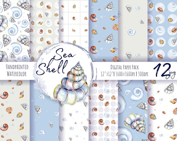 Watercolor Seashell Digital Paper 12 Seamless Patterns. | Etsy
