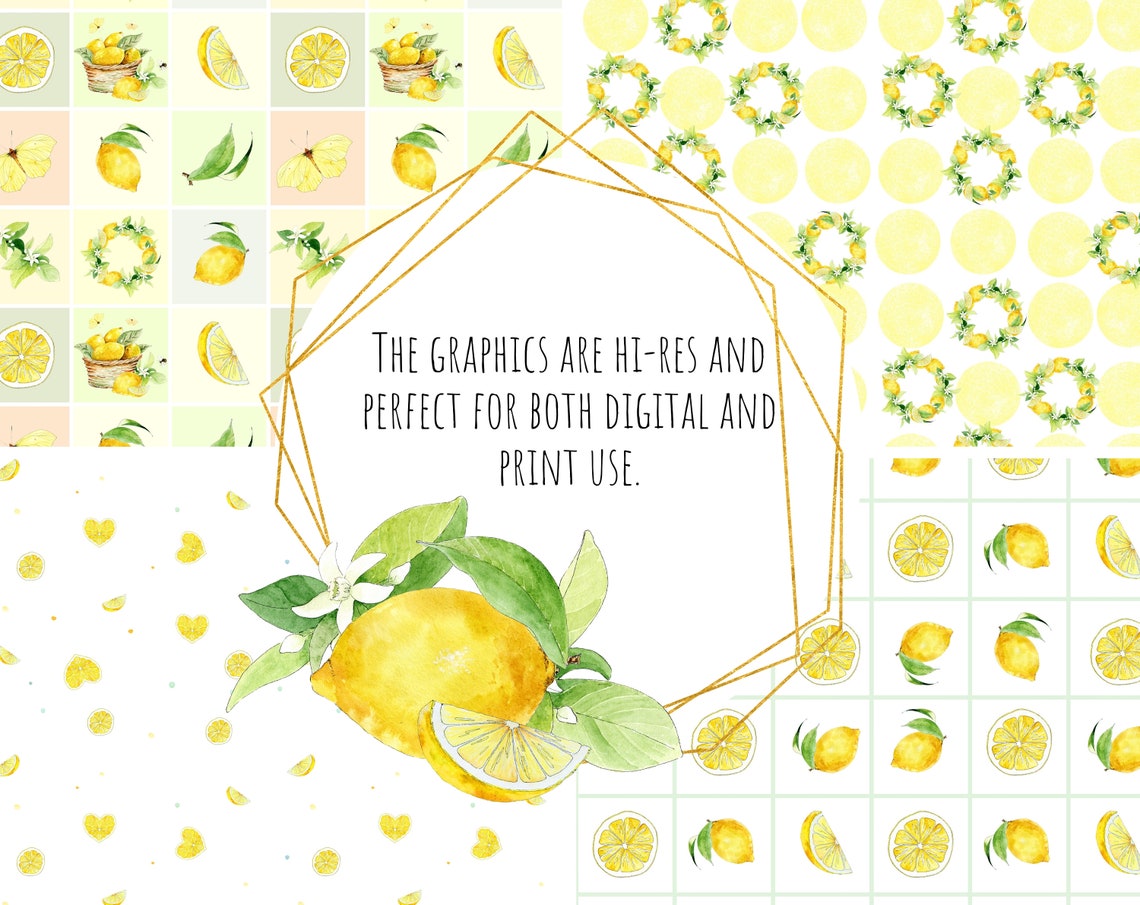 Watercolor Lemon Digital Paper 12 Seamless Patterns. - Etsy