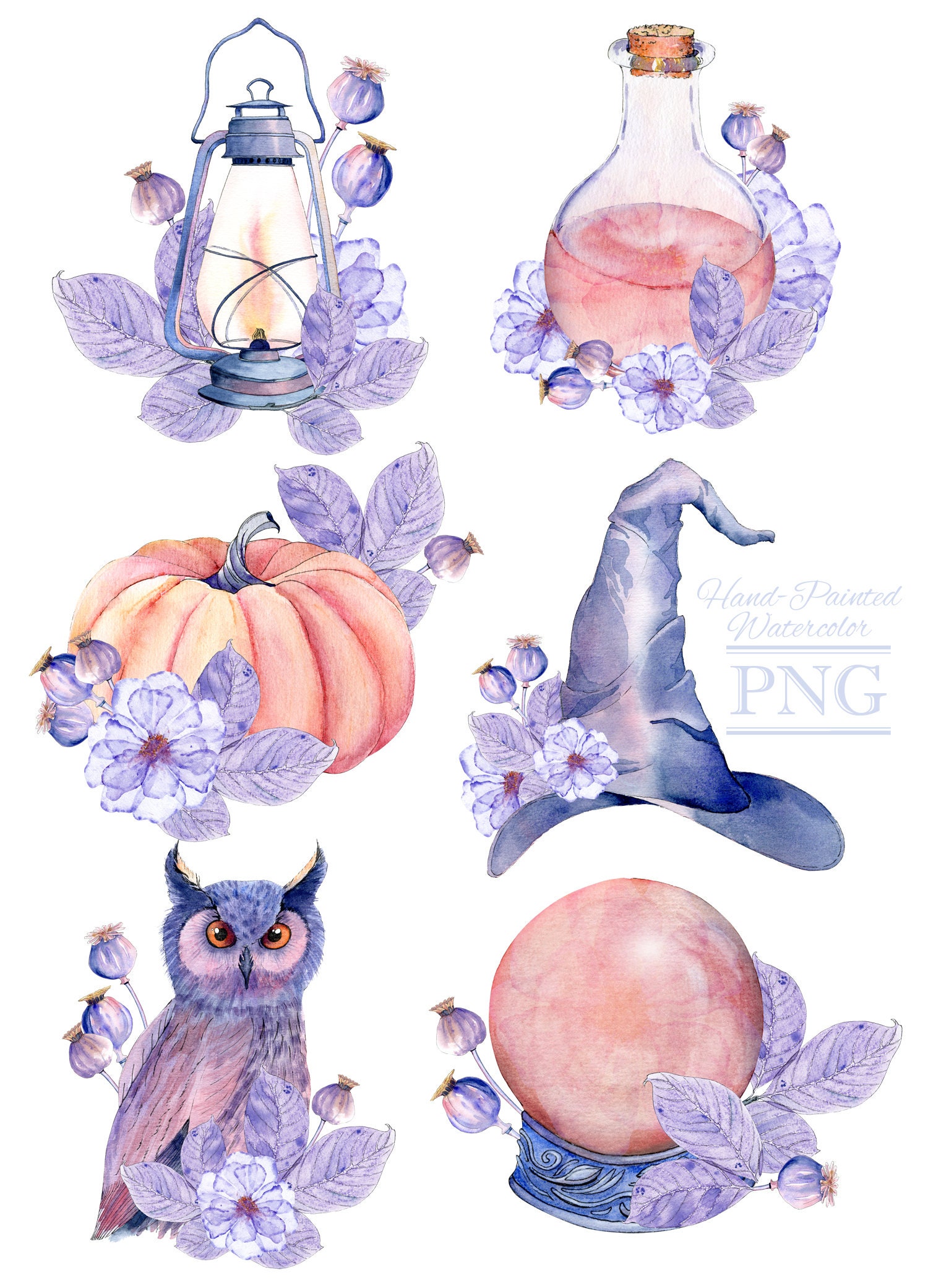 Watercolor Fall Clipart Violet Halloween Clipart Handpainted - Etsy