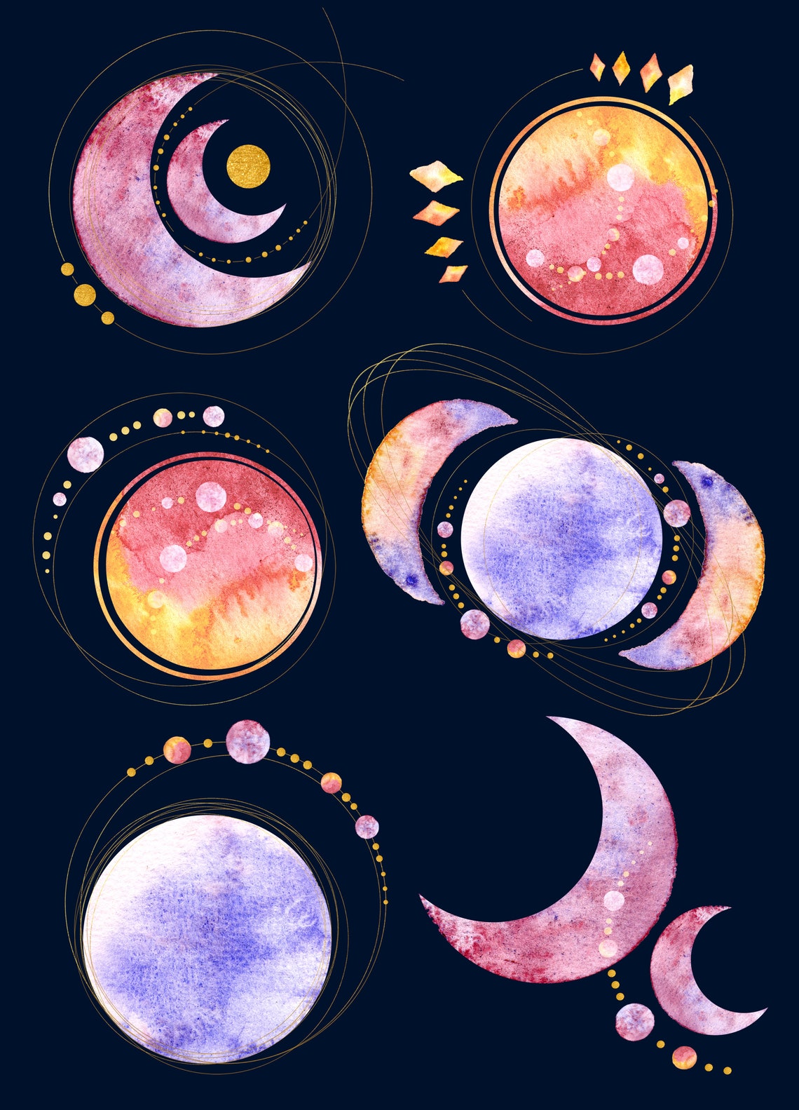 Watercolor Astronomy Clipart, Handpainted Celestial Set: Moon, Planets ...
