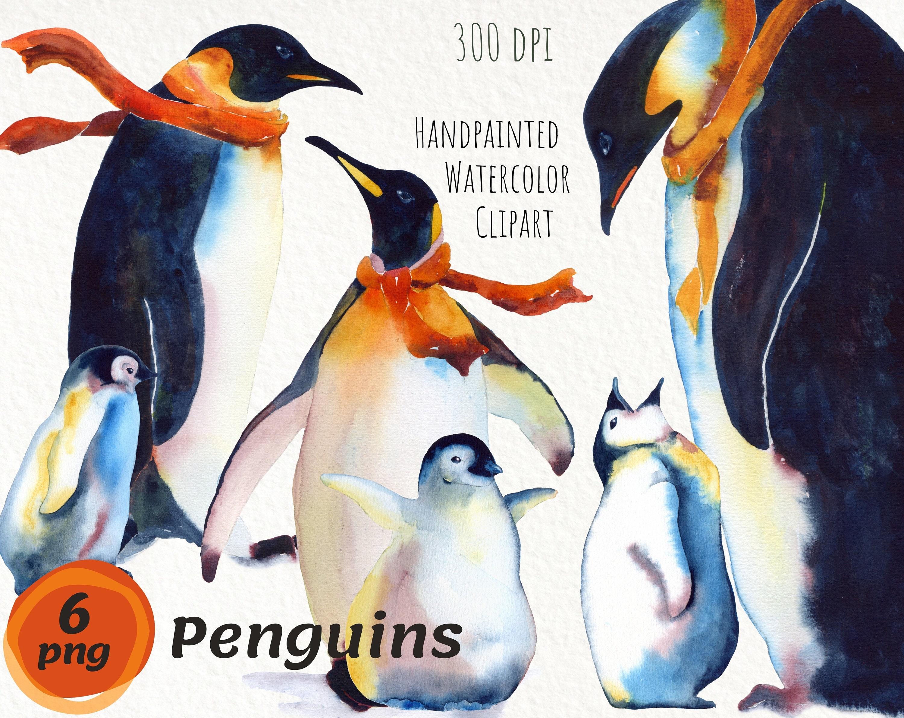 Watercolor Penguin Clipart, Handpainted Bright Winter Penguins for ...