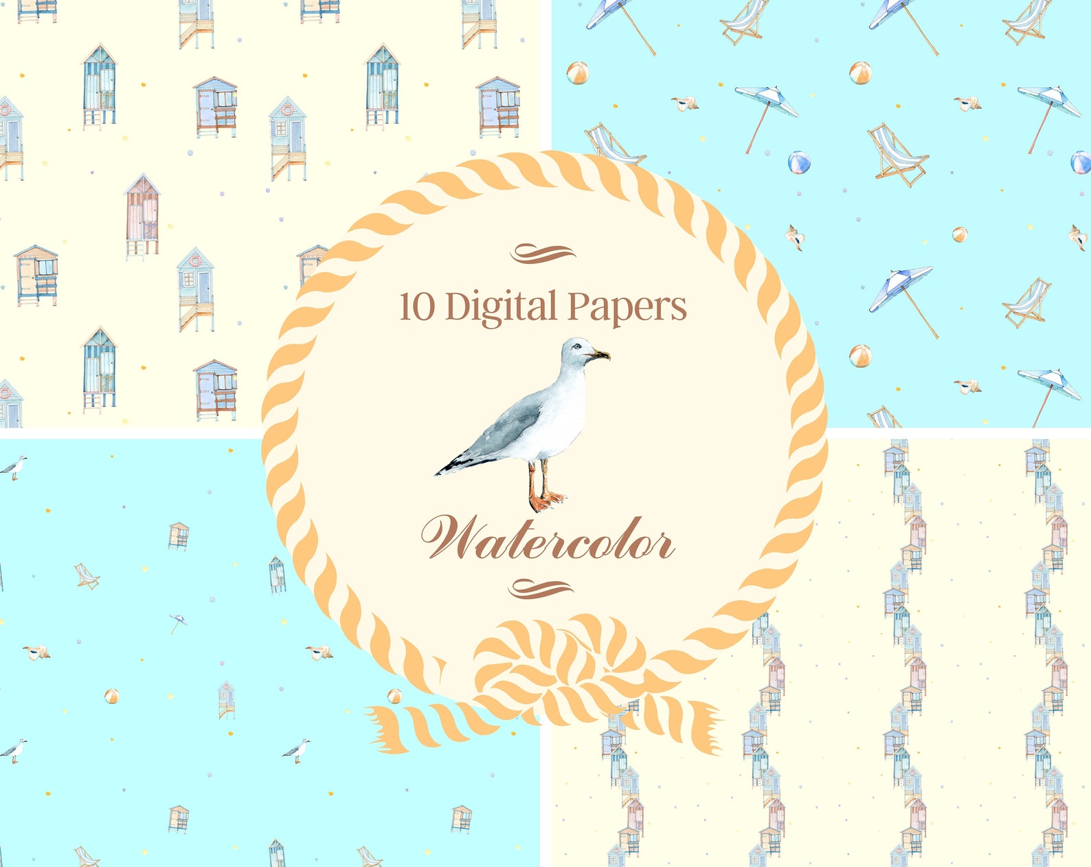 Watercolor Sea Beach Digital Paper, 10 Seamless Patterns. Handpainted ...
