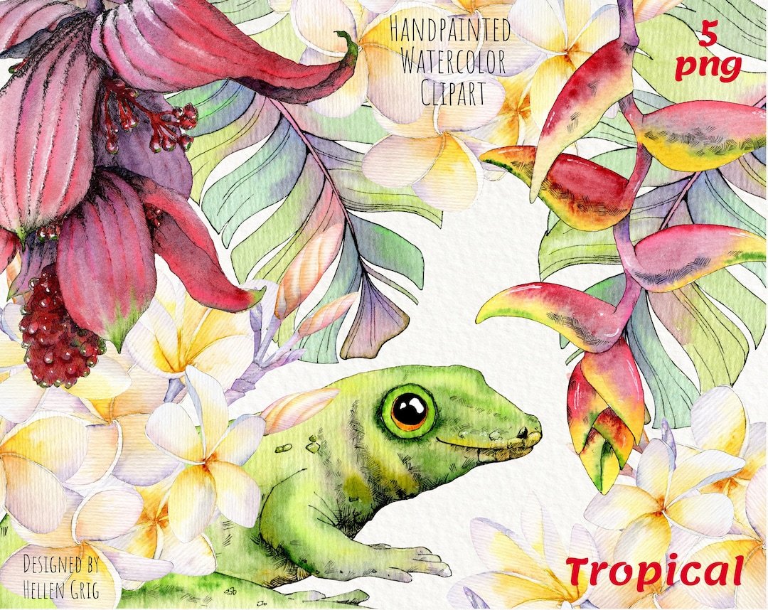 Watercolor Tropical Clipart, Handpainted Bright Summer Clipart: Green ...