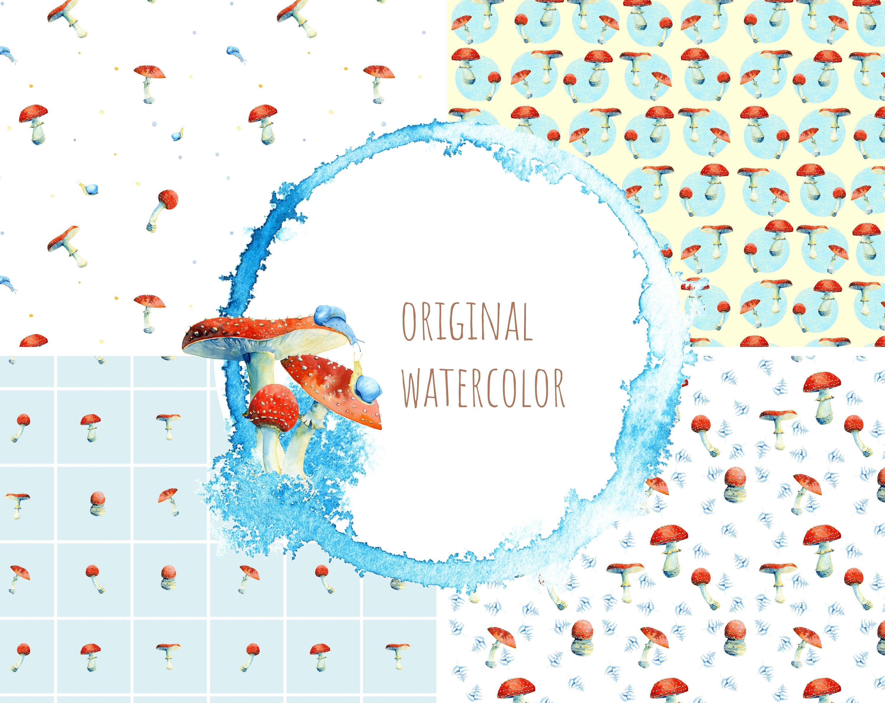 Watercolor Mushroom Digital Paper, 14 Seamless Patterns. Handpainted ...