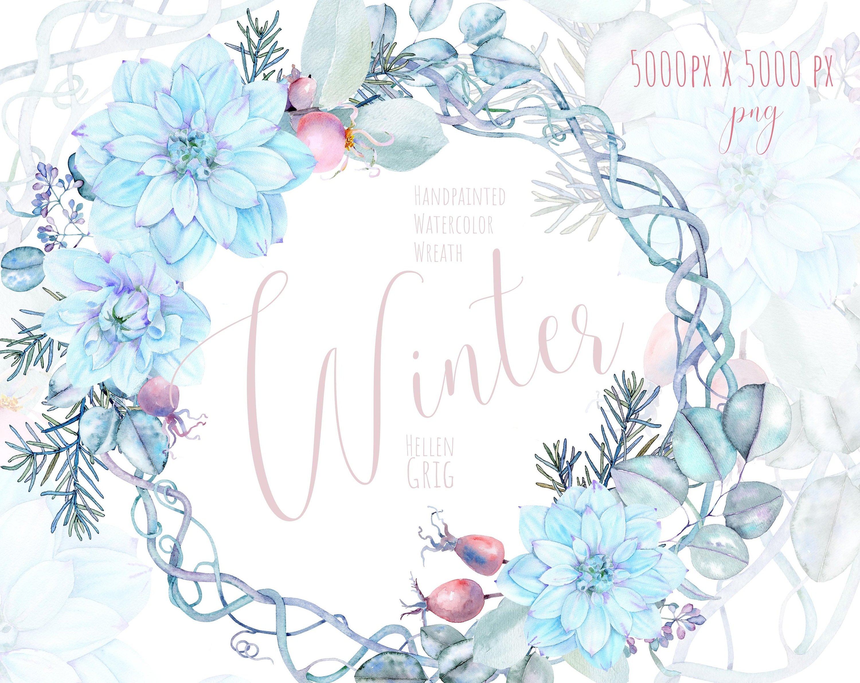Watercolor Winter Floral Wreath Clipart, Handpainted Flowers. Blue ...