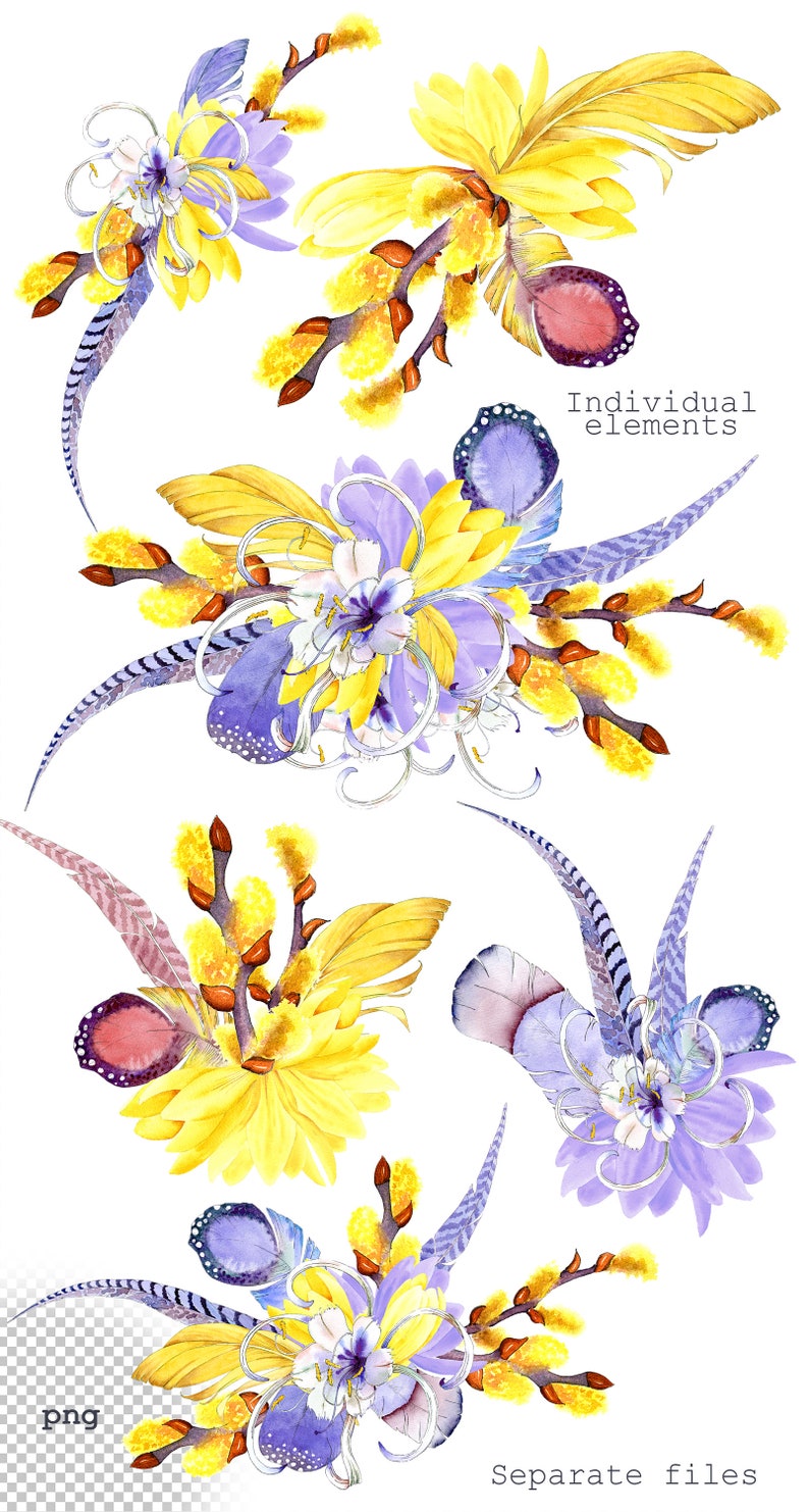 Watercolor Boho Floral Clipart. Spring Bouquets. Yellow Violet Flowers ...