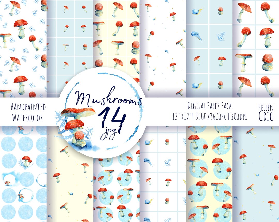 Watercolor Mushroom Digital Paper, 14 Seamless Patterns. Handpainted ...