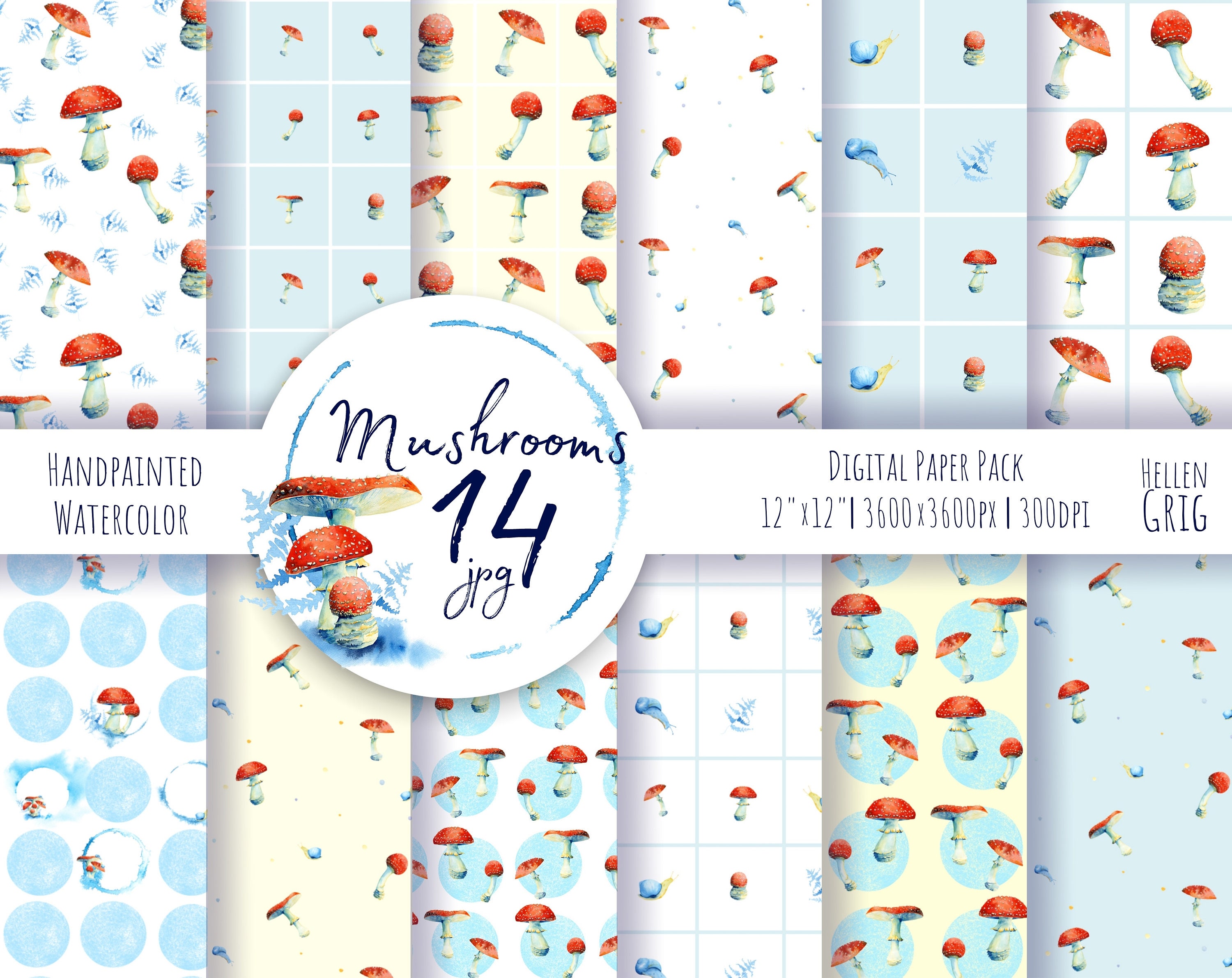 Watercolor Mushroom Digital Paper, 14 Seamless Patterns. Handpainted ...
