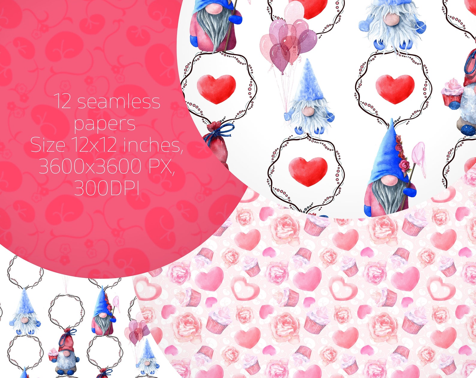 Watercolor Valentine Gnomes Digital Papers, Fabric Seamless Pattern ...