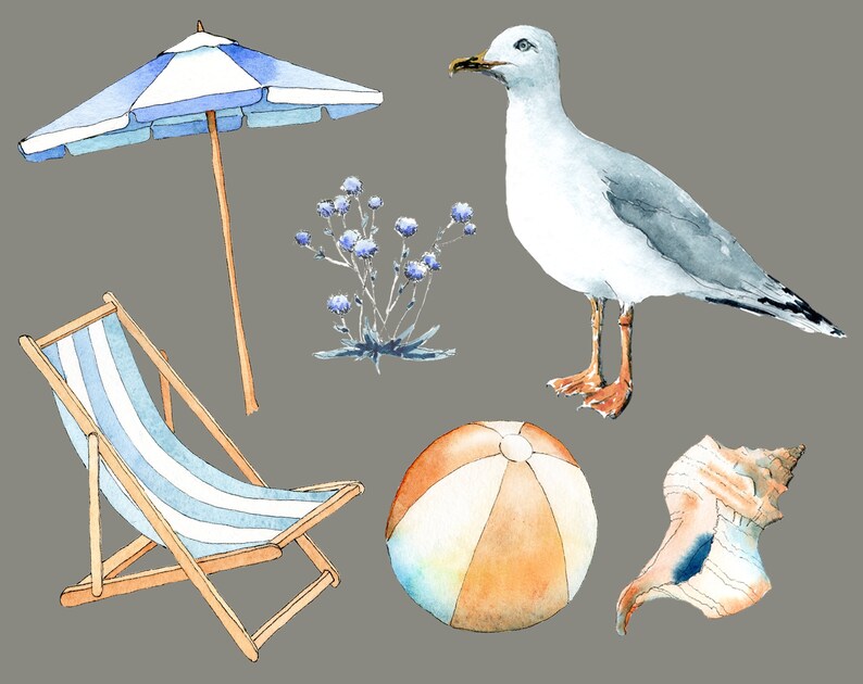 Watercolor Sea Beach Clipart Handpainted Pastel Summer Set: | Etsy