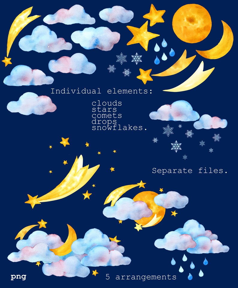 Watercolor Sky Clipart. Sky Constructor Nursery Kit. Cloud, Star, Comet ...