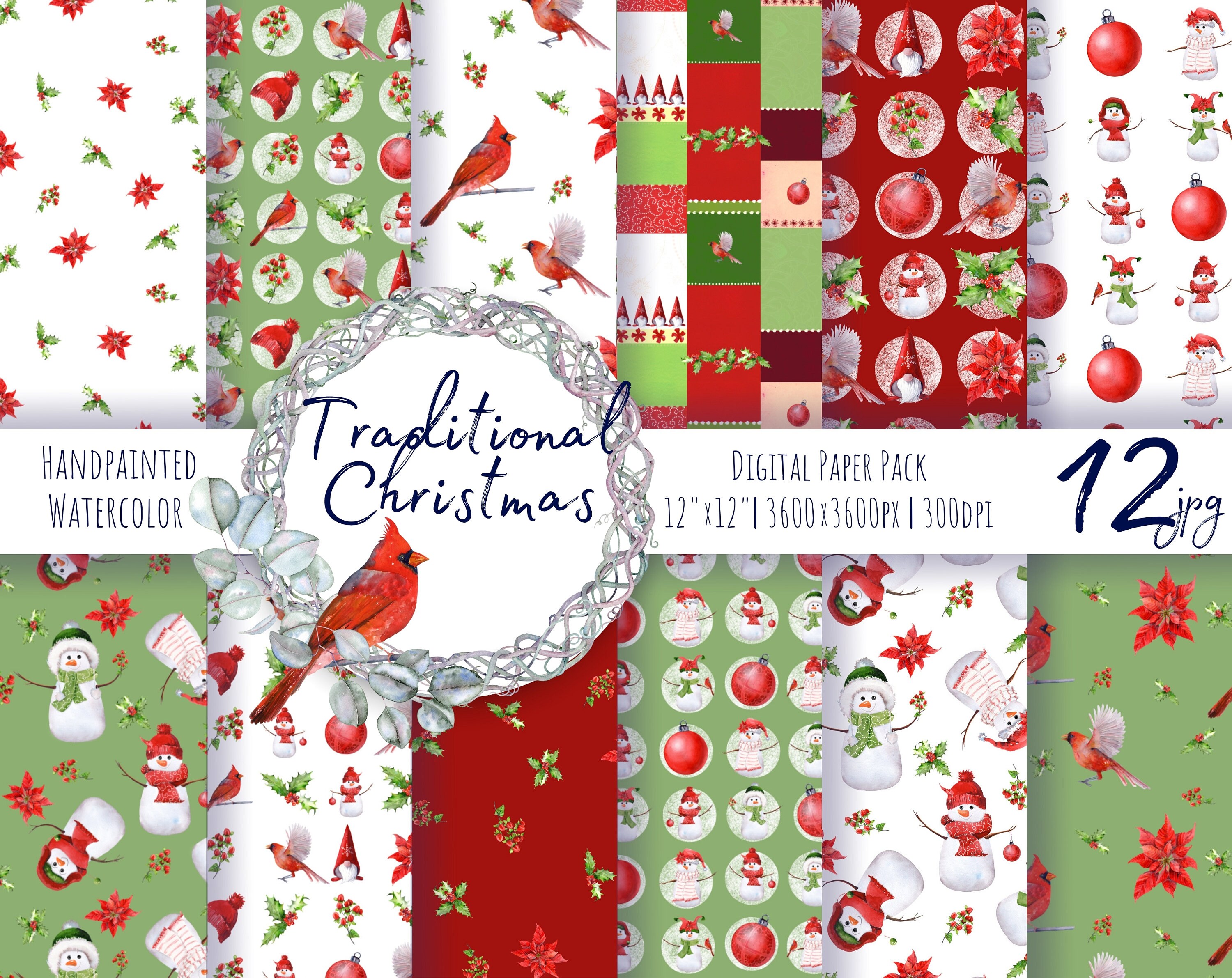 Watercolor Christmas Digital Paper, 12 Seamless Patterns. Handpainted ...