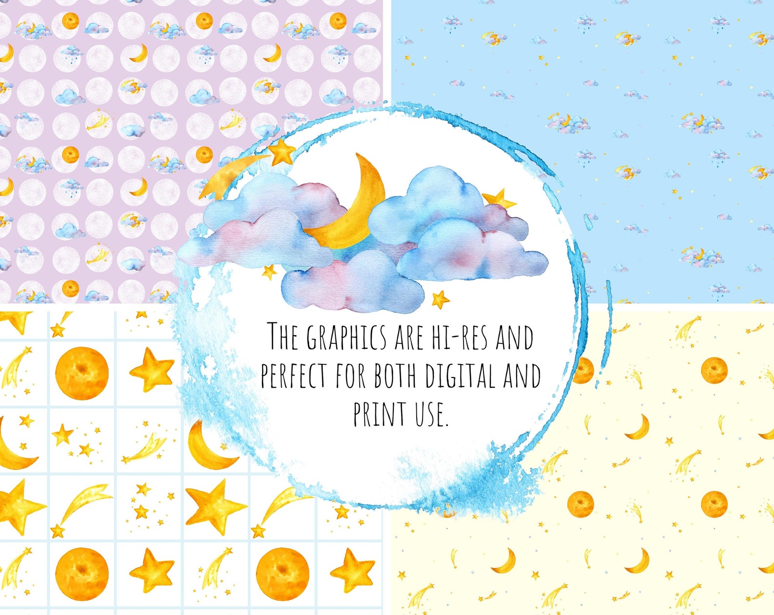 Watercolor Sky Digital Paper, 12 Seamless Patterns. Handpainted Clouds ...