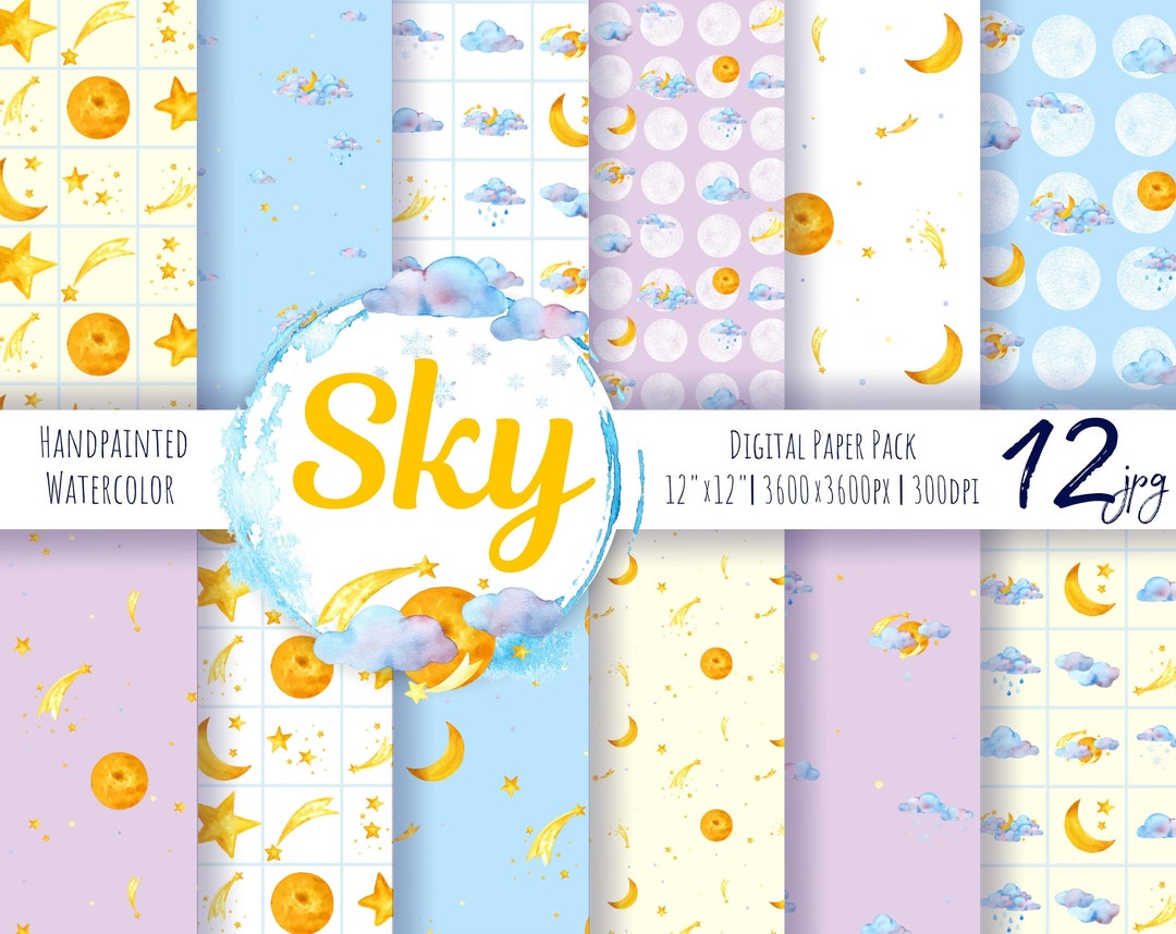 Watercolor Sky Digital Paper, 12 Seamless Patterns. Handpainted Clouds ...