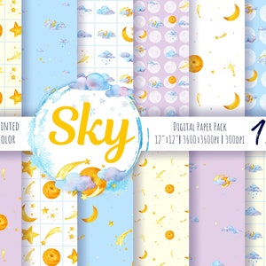 Watercolor Sky Digital Paper, 12 Seamless Patterns. Handpainted Clouds ...