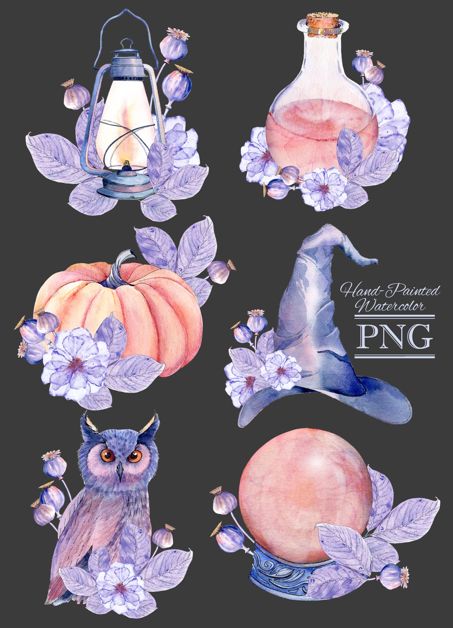 Watercolor Fall Clipart Violet Halloween Clipart Handpainted - Etsy