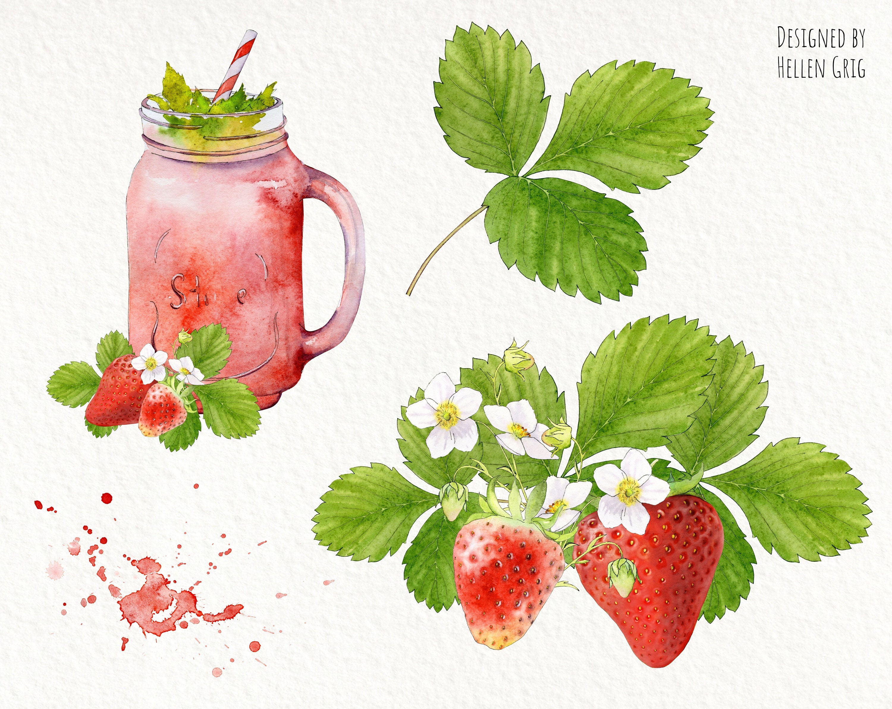 Watercolor Strawberry Clipart Handpainted Bright Summer - Etsy