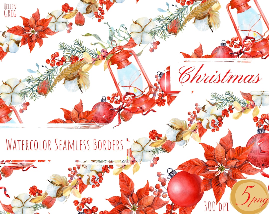 Watercolor Christmas Border Clipart. Winter Seamless Borders. PNG Files ...
