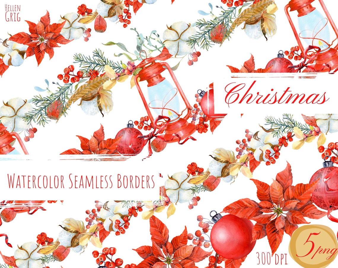Watercolor Christmas Border Clipart. Winter Seamless Borders. - Etsy