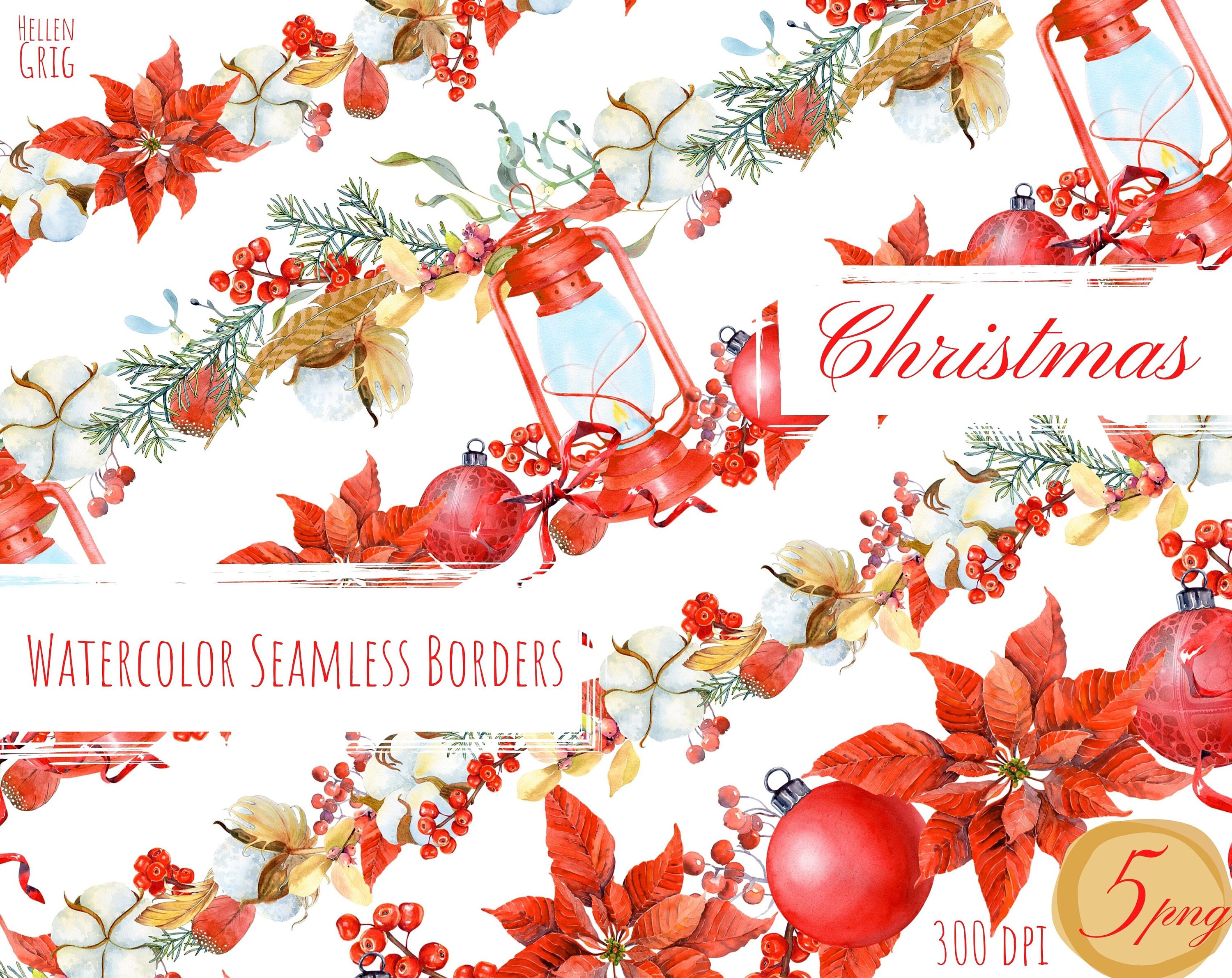 Watercolor Christmas Border Clipart. Winter Seamless Borders. PNG Files ...