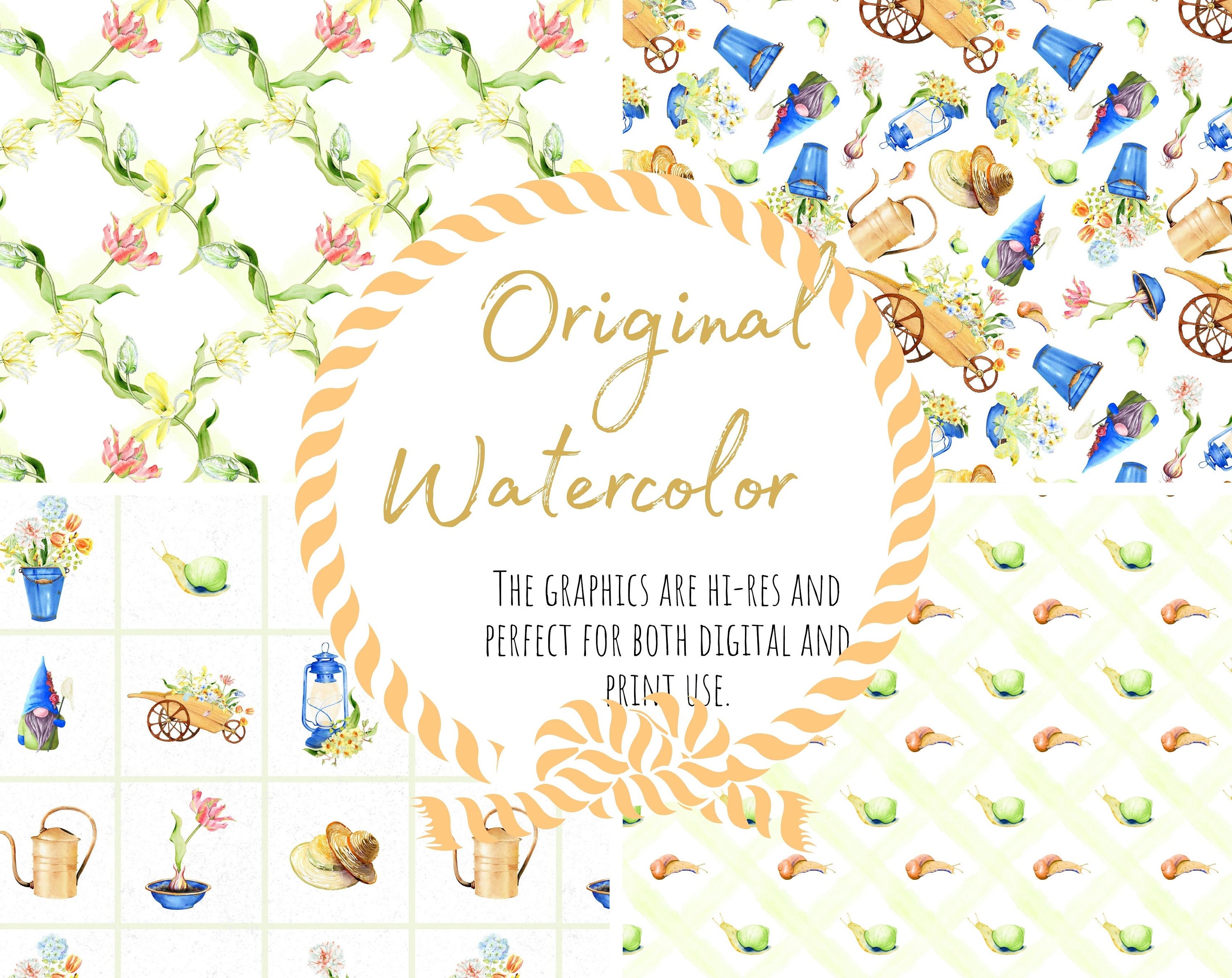 Watercolor Garden Digital Paper, 12 Seamless Patterns. Handpainted Farm ...