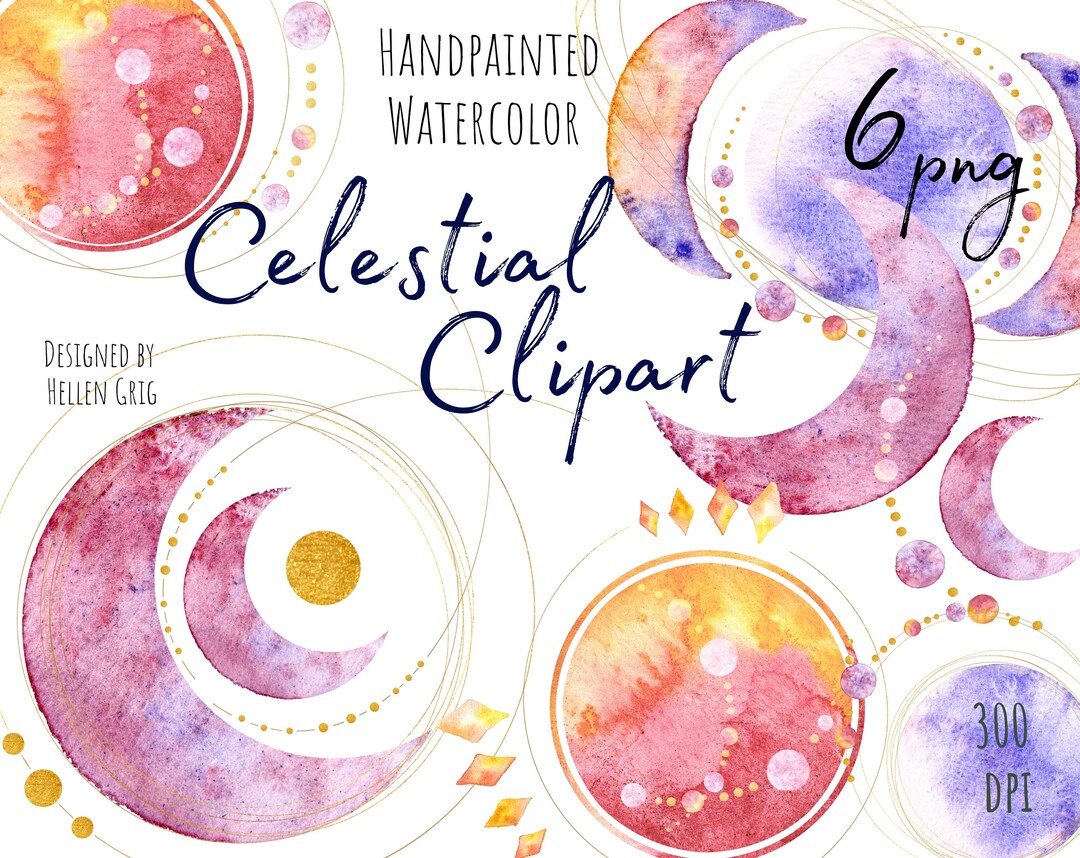 Watercolor Astronomy Clipart, Handpainted Celestial Set: Moon, Planets ...