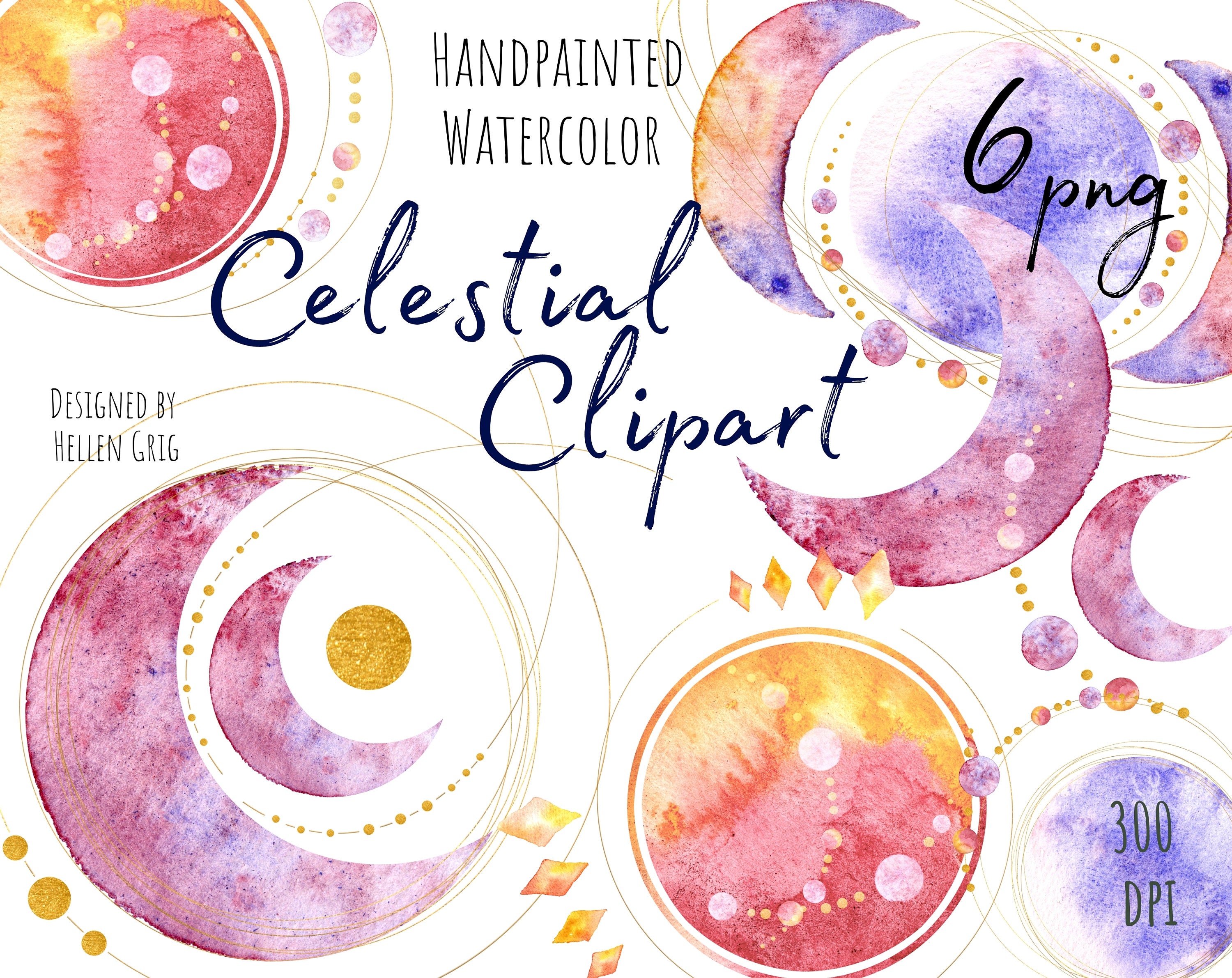 Watercolor Astronomy Clipart, Handpainted Celestial Set: Moon, Planets ...