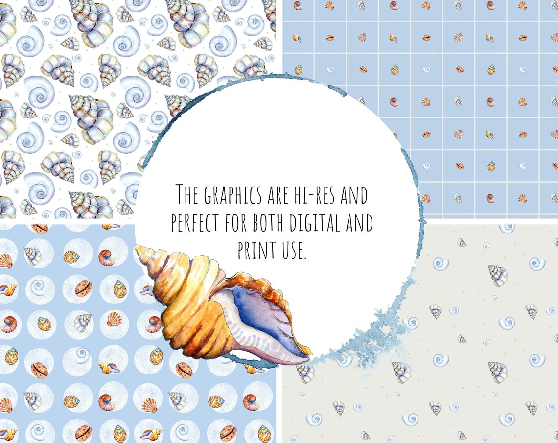 Watercolor Seashell Digital Paper 12 Seamless Patterns. | Etsy