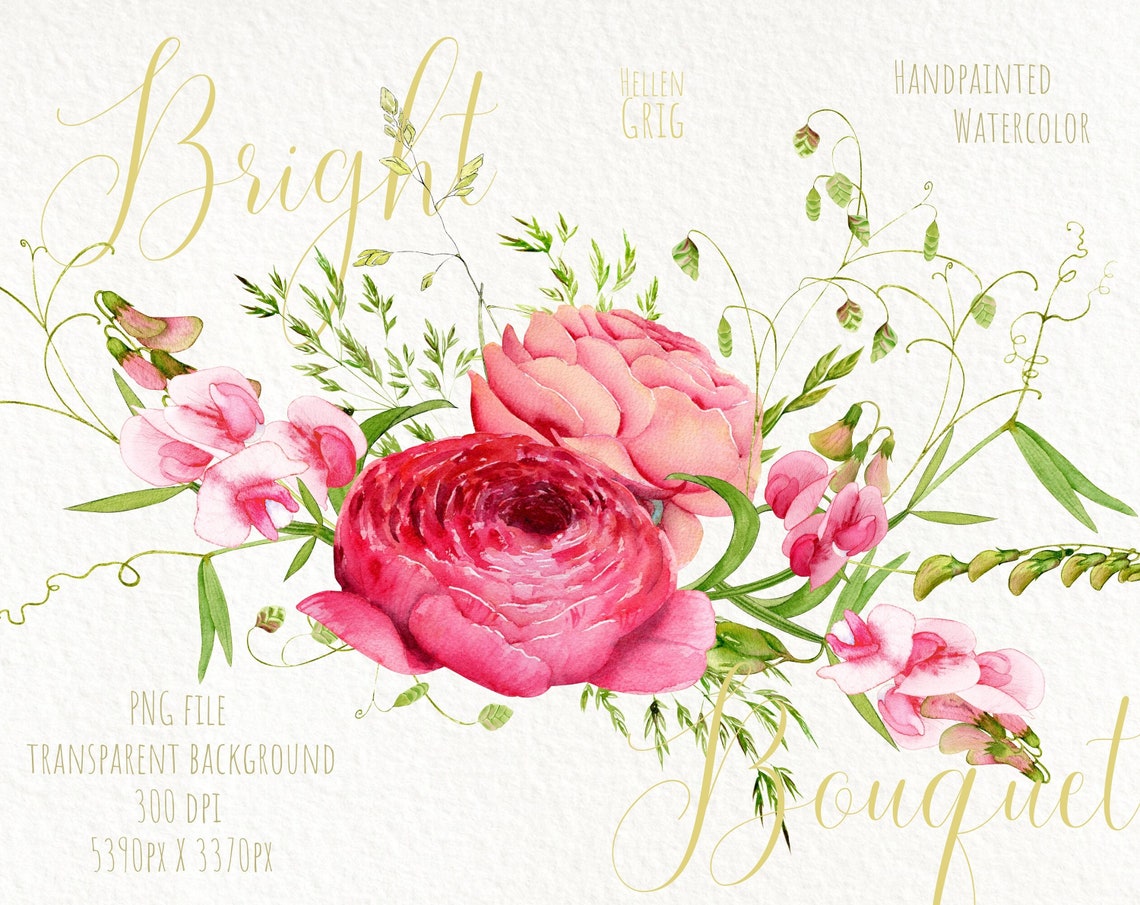 Watercolor Flower Clipart Pink Peony Bouquet Floral - Etsy