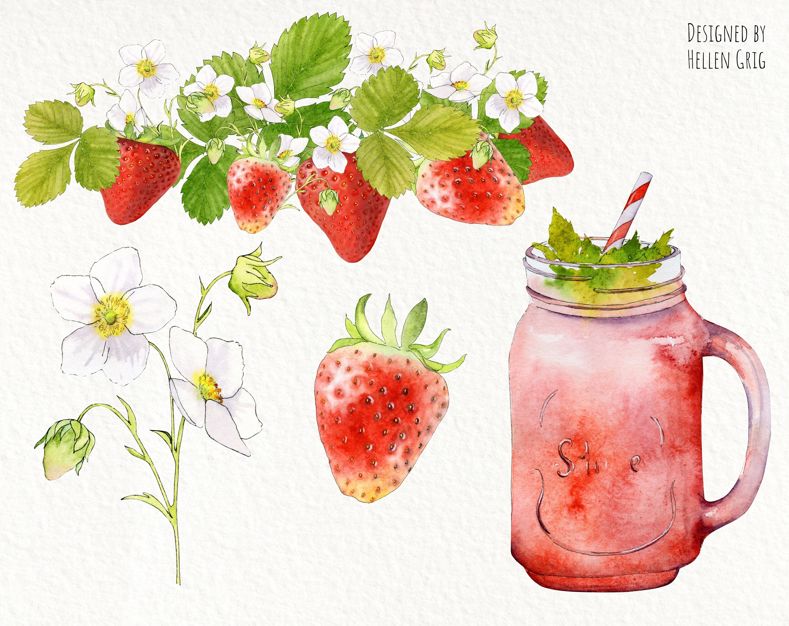 Watercolor Strawberry Clipart Handpainted Bright Summer - Etsy