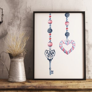 Watercolor Beads Clipart, Handpainted Pink Hearts and Beads Vintage Set ...