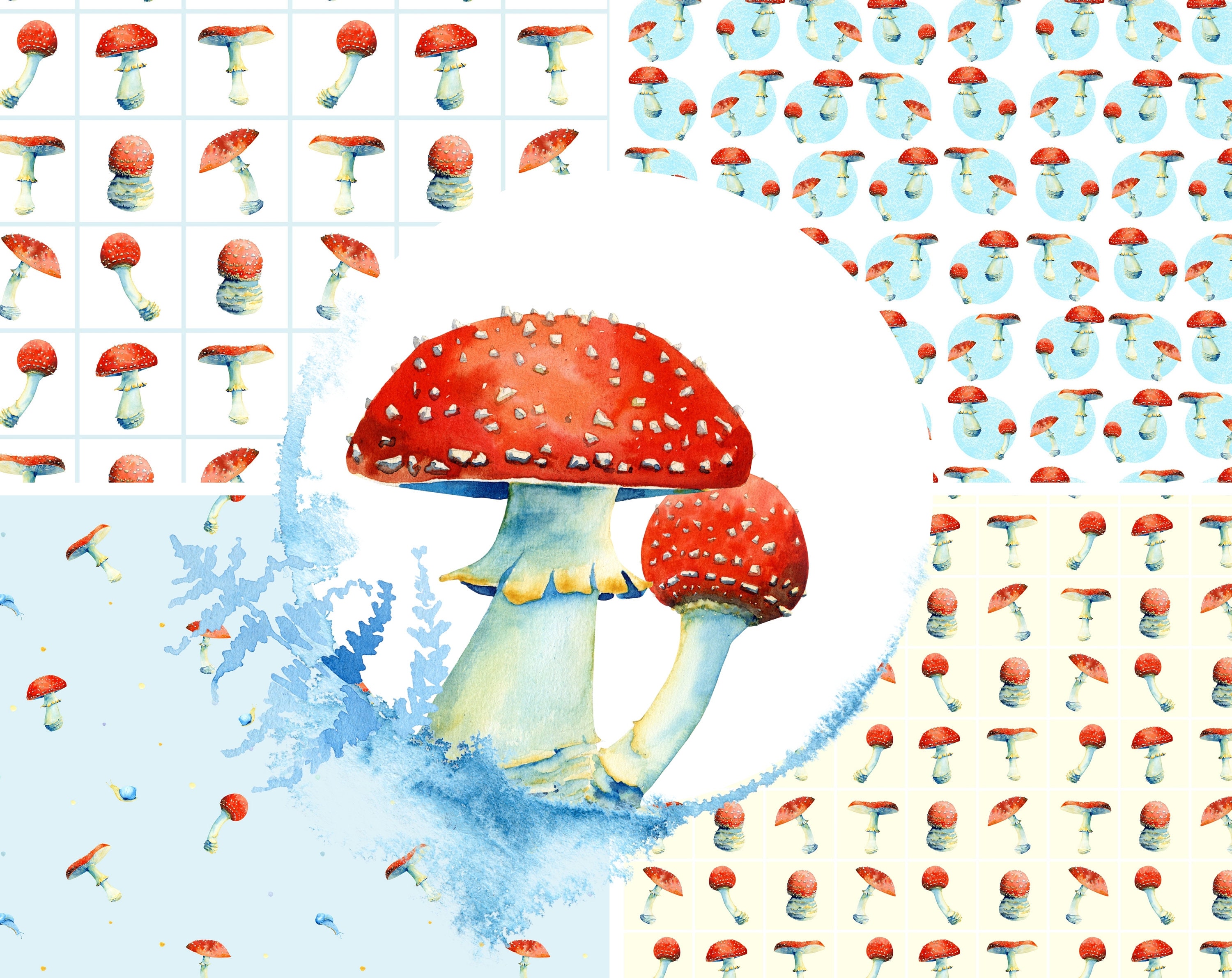 Watercolor Mushroom Digital Paper, 14 Seamless Patterns. Handpainted ...