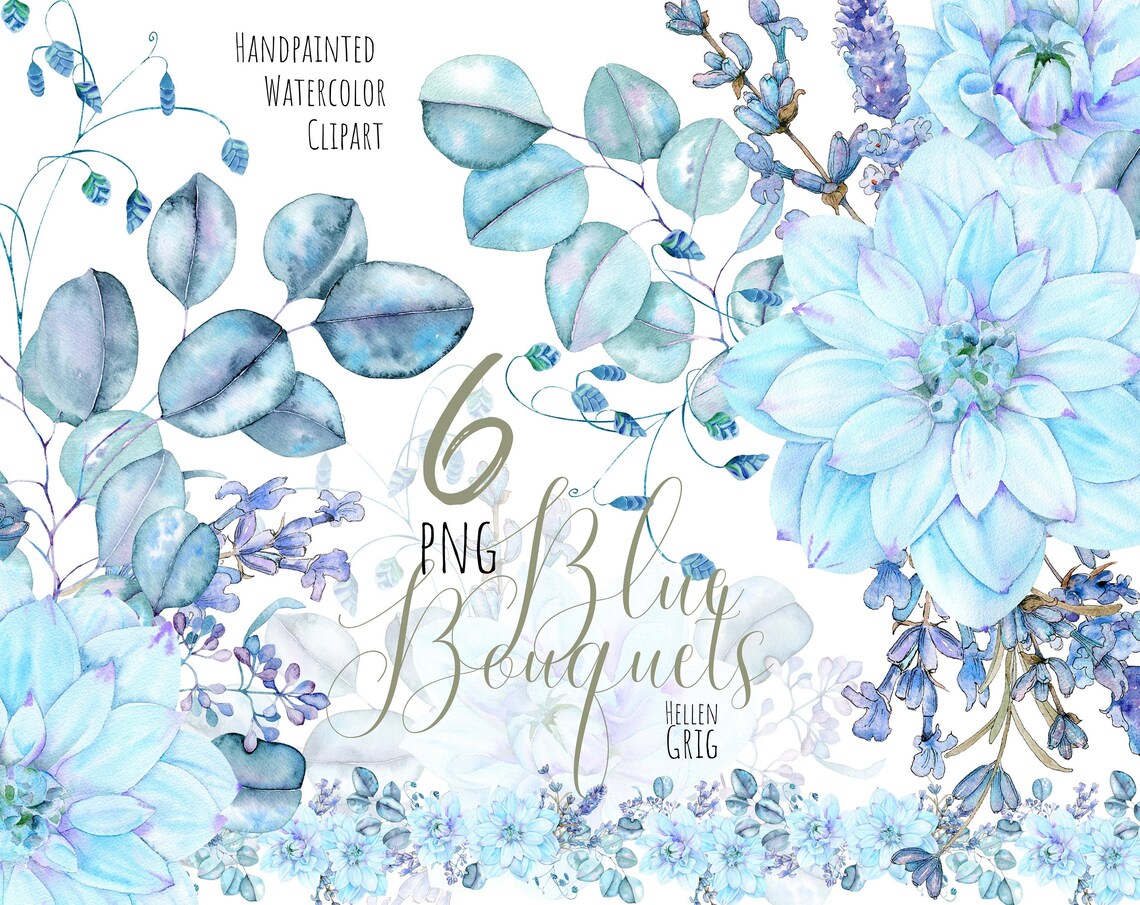 Watercolor Floral Clipart Blue Dahlia Bouquets Floral - Etsy
