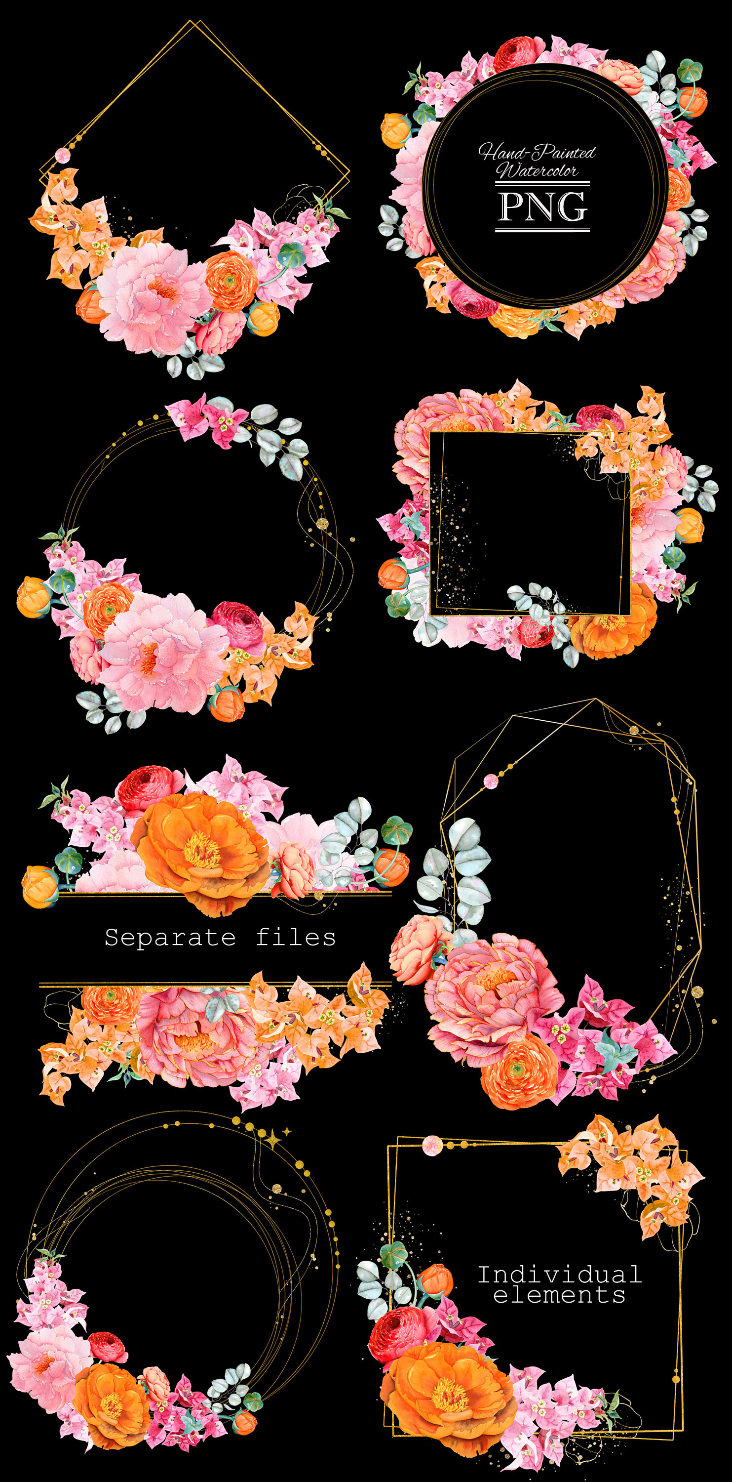 Bright Floral Frames. Watercolor Vivid Summer Peonies Gold - Etsy