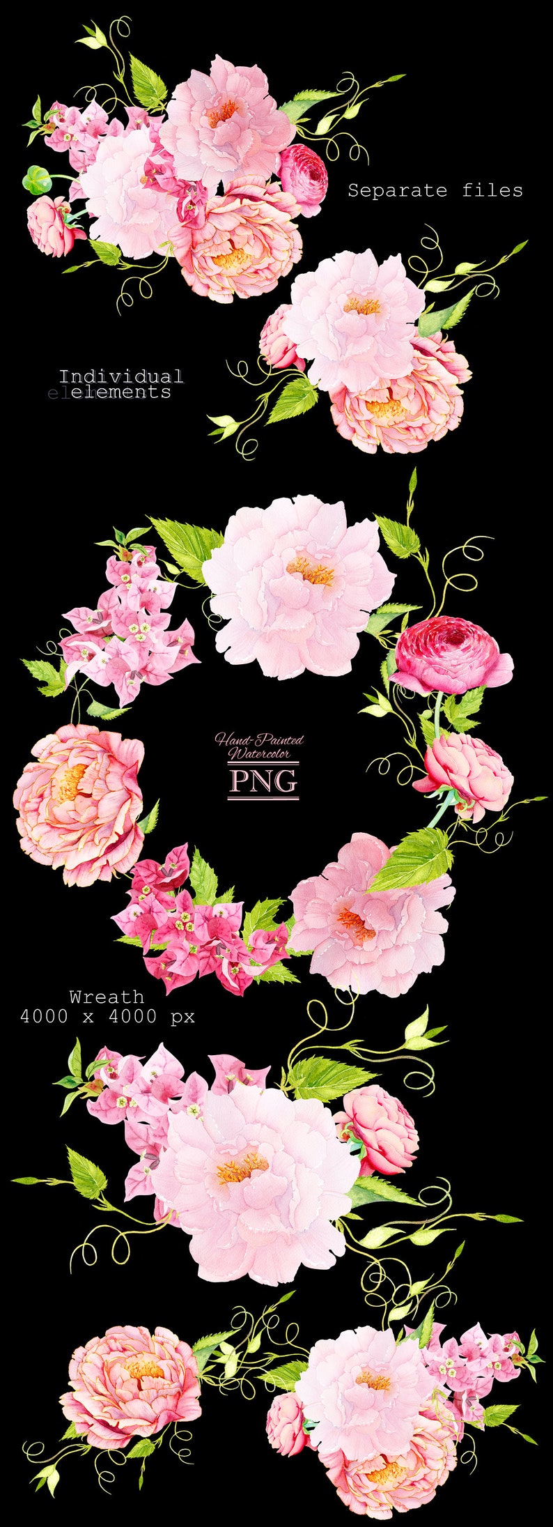 Watercolor Flower Clipart, Pink Peony Bouquets, Floral Arrangements ...