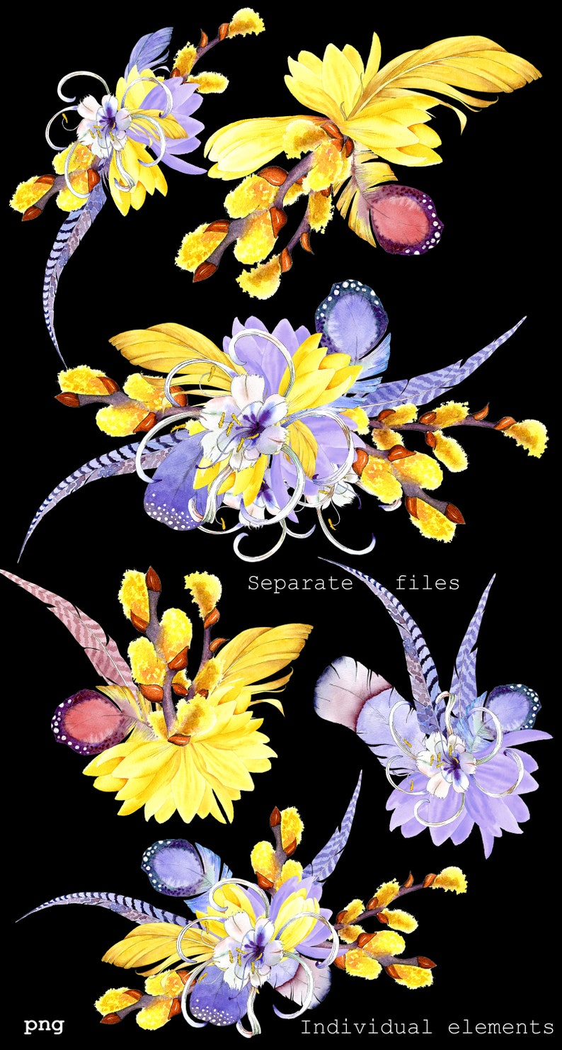 Watercolor Boho Floral Clipart. Spring Bouquets. Yellow Violet Flowers ...