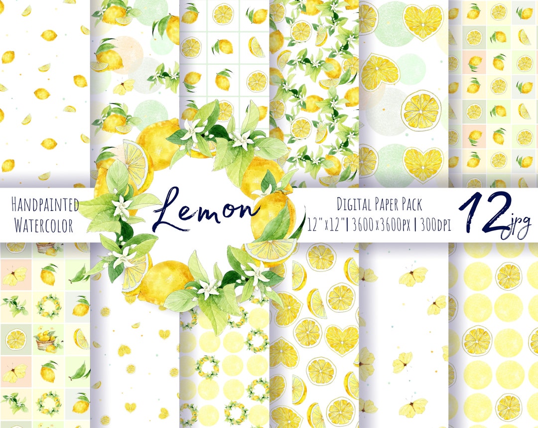 Watercolor Lemon Digital Paper, 12 Seamless Patterns. Handpainted ...