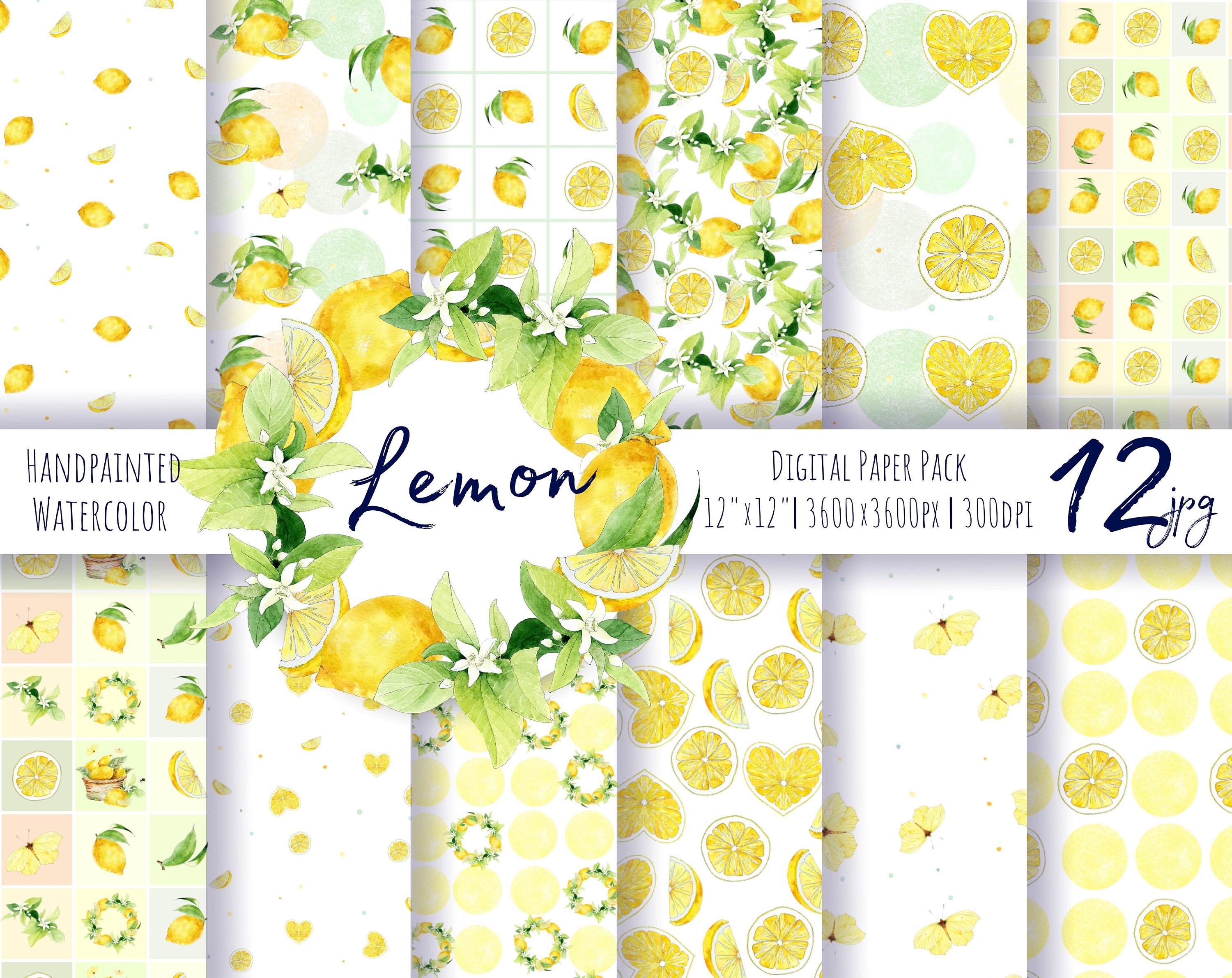 Watercolor Lemon Digital Paper 12 Seamless Patterns. - Etsy