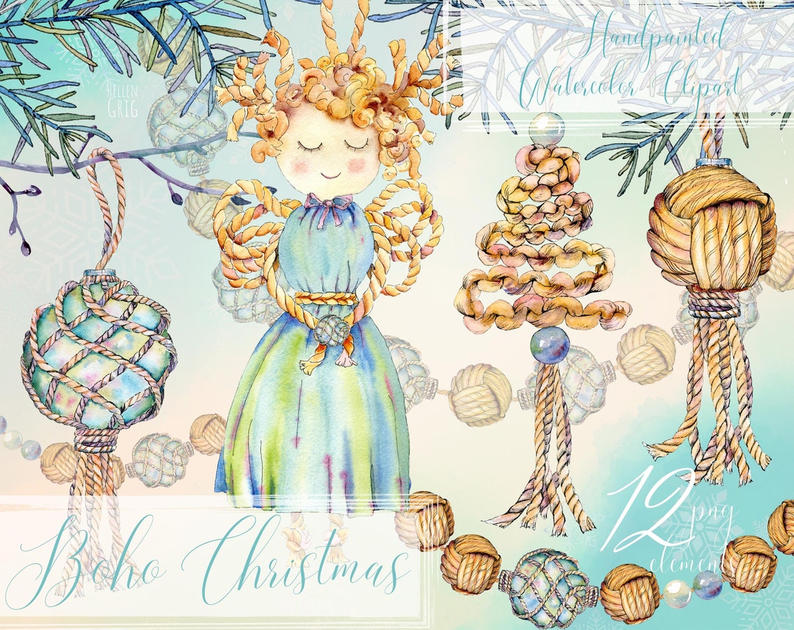 Watercolor Boho Christmas Clipart. Handpainted Winter Clipart. - Etsy