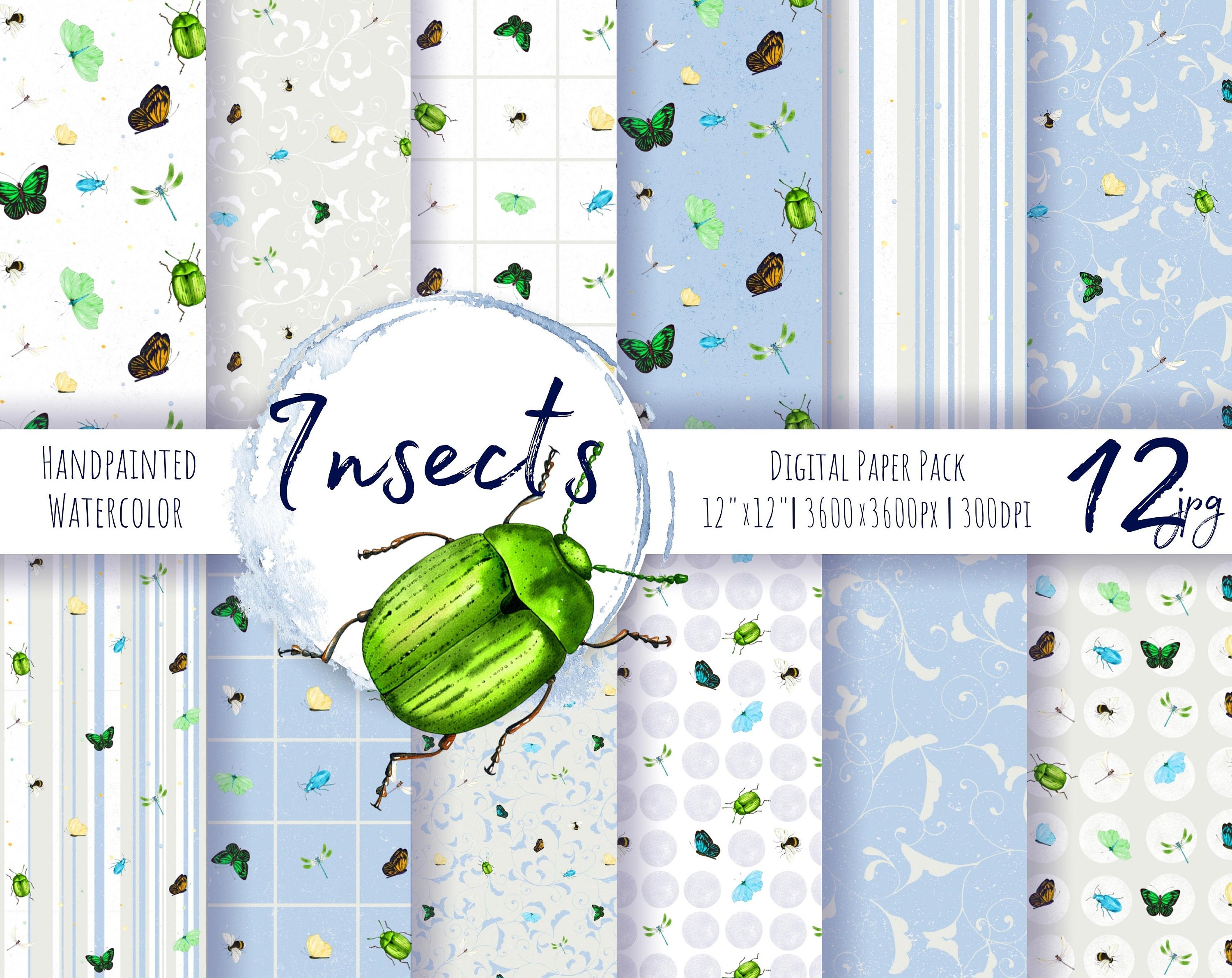 Watercolor Insect Digital Paper, 12 Seamless Patterns. Handpainted ...