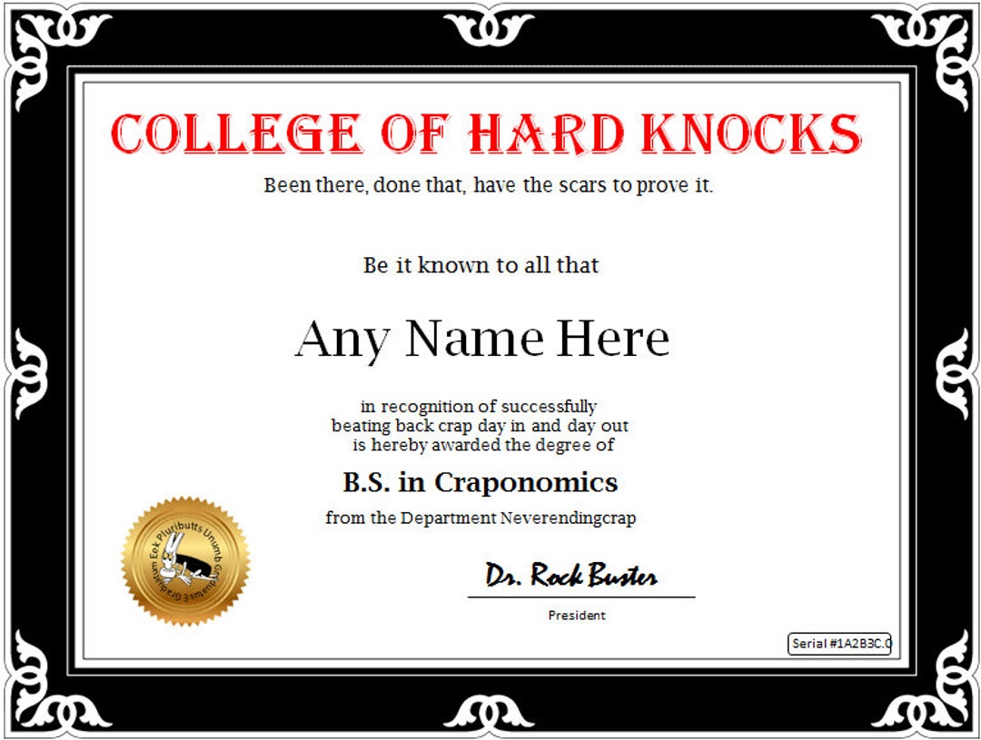 College of Hard Knocks Real Fake College Diploma Certificate Digital ...