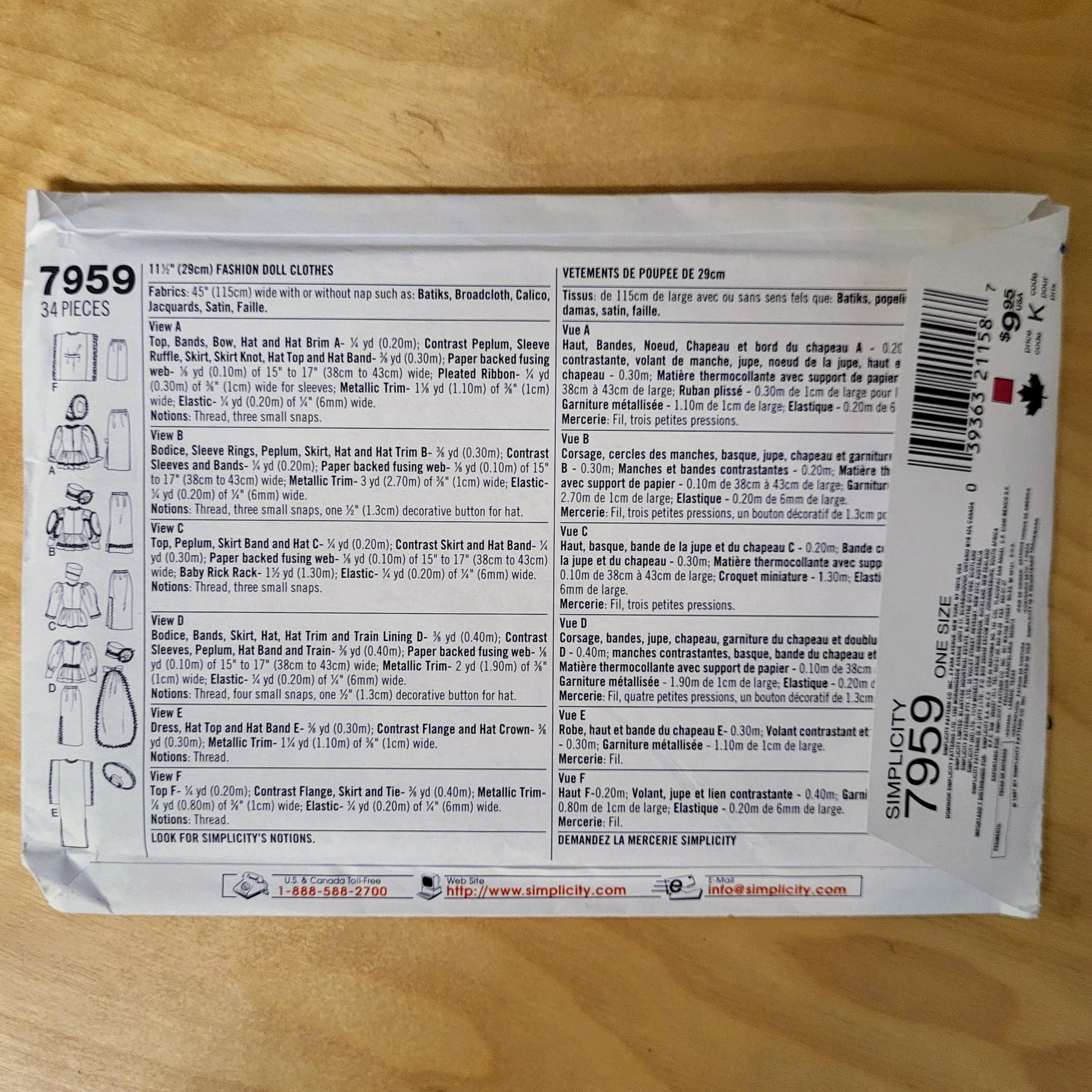 Simplicity Sewing Pattern 7959 Barbie Fashion Doll Clothes Designs by ...