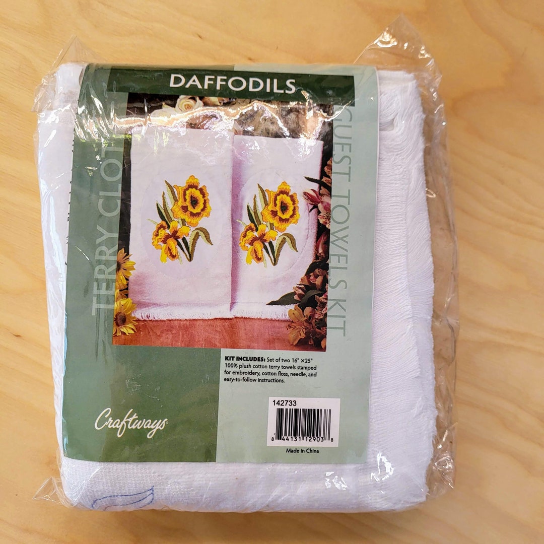 Stamped White Kitchen Towels Kit 16x25 for Crewel Embroidery Daffodils ...