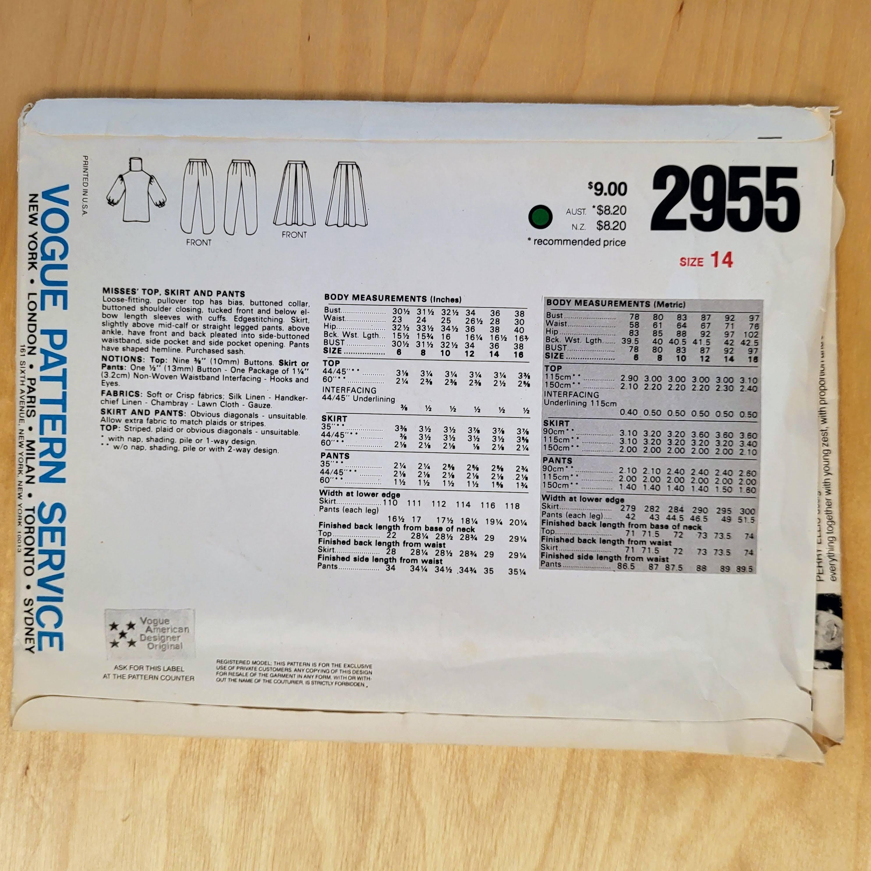 Vogue Sewing Pattern 2955 Misses' Top, Skirt and Pants Size 14 - Etsy