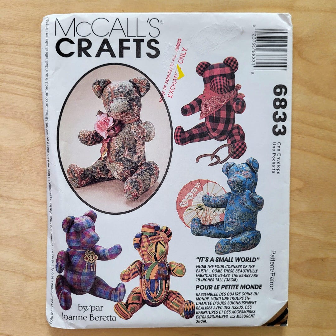 Mccall's Sewing Pattern 6833 Stuffed Teddy Bears Sewing Pattern, "it's a Small World" Toy Bear ...