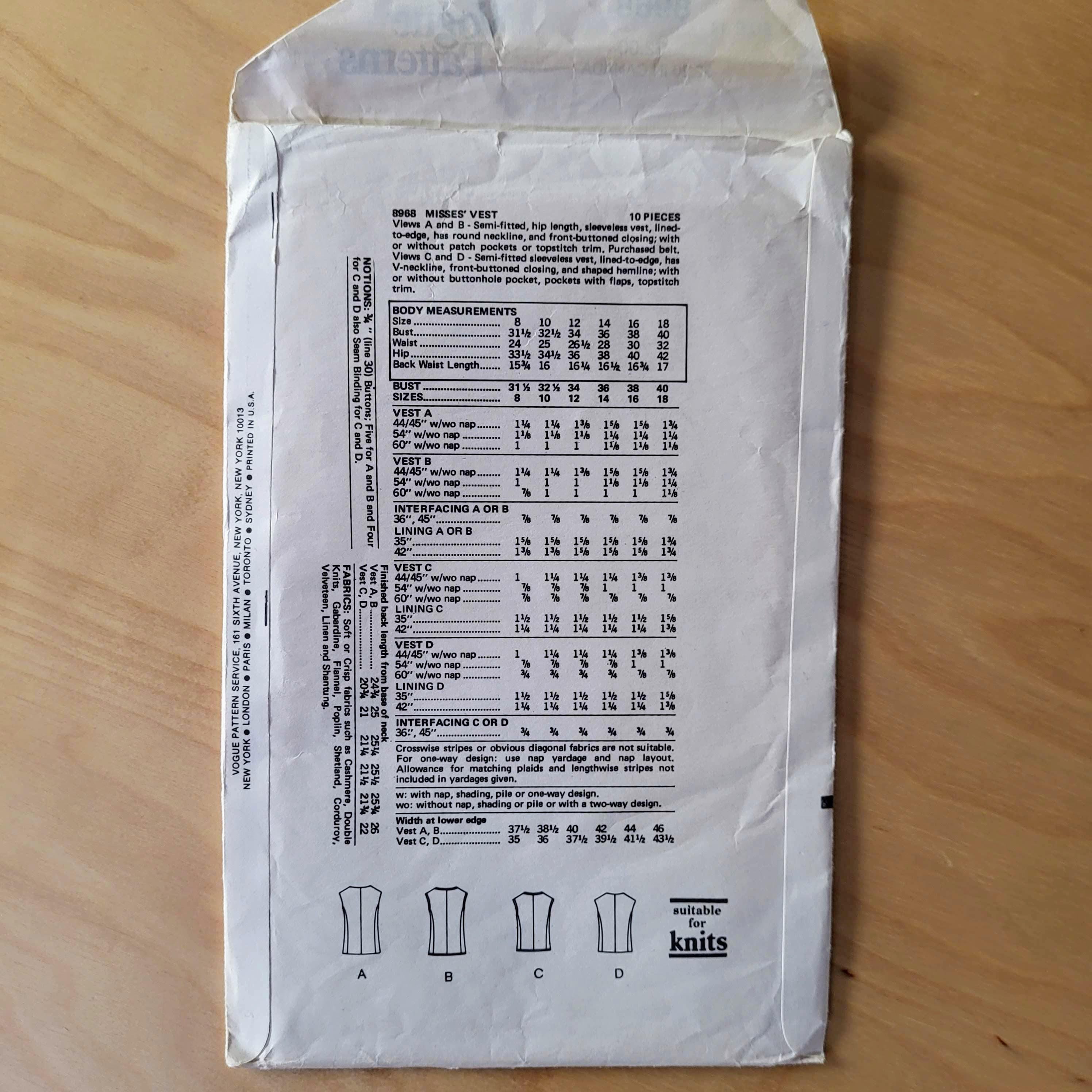 Vogue Sewing Pattern 8968 Misses' Vest Size 14 - Etsy