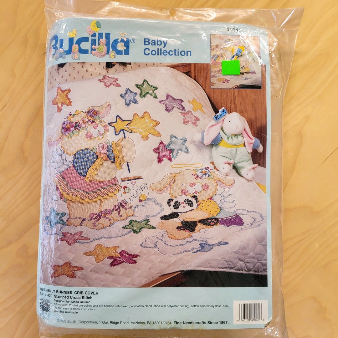 Vintage Bucilla Baby Stamped Cross Stitch Crib Cover Kit Heavenly ...