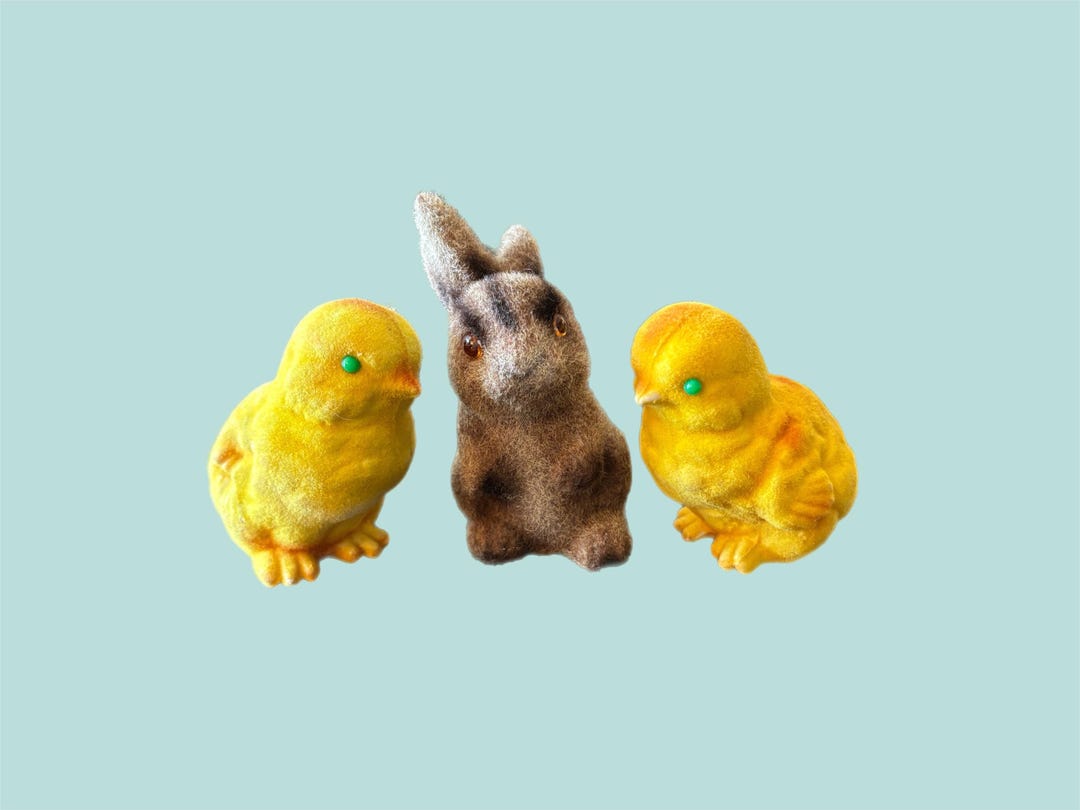 Vintage Flocked Rabbit & Chicks, Vintage Flocked Animals, Vintage ...