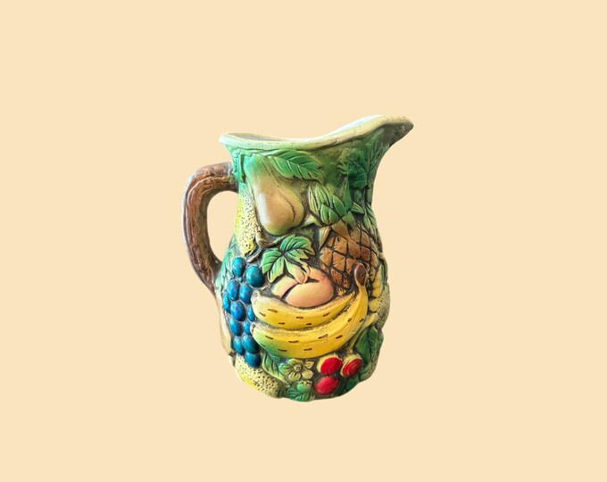 Beatiful Vintage Hand Painted Embossed Pitcher With Blue Bow and Fruit ...