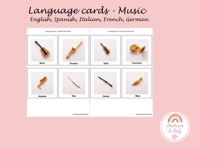 Montessori Language Cards - Musical Instruments 5 Languages En, Es It ...